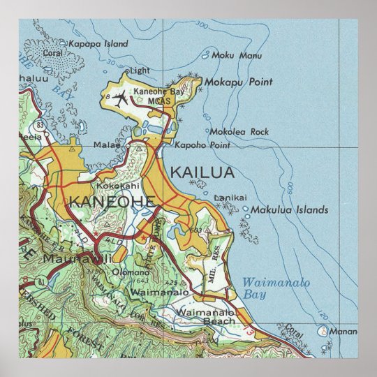 Kailua and Kaneohe Oahu Vintage Map Poster | Zazzle.com