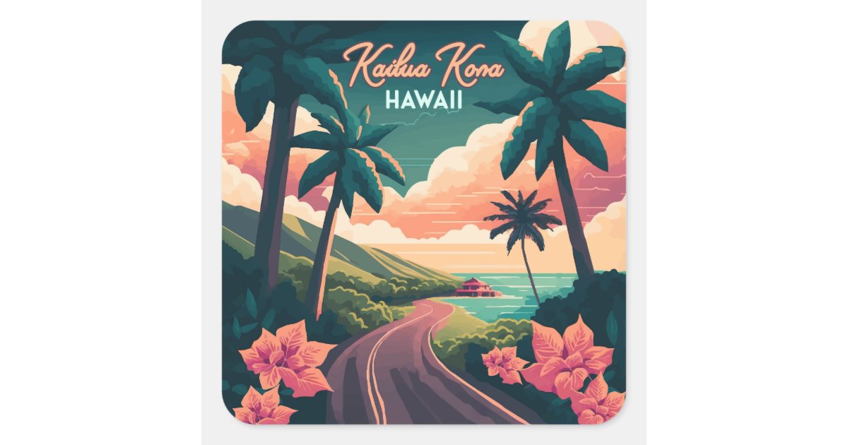 Kailua Kona Hawaii Big Island Sunset Retro Square Sticker | Zazzle