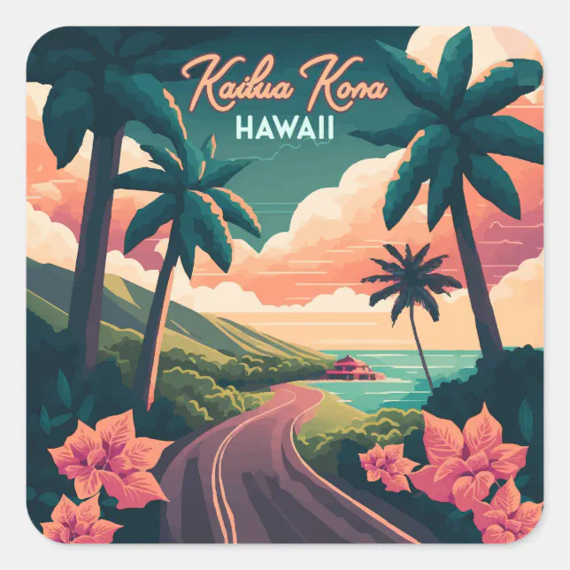 Kailua Kona Hawaii Big Island Sunset Retro Square Sticker | Zazzle