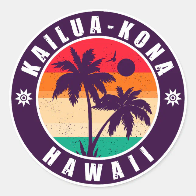 Kailua-Kona Hawaii Retro Palm Trees 60s Souvenirs Classic Round Sticker ...