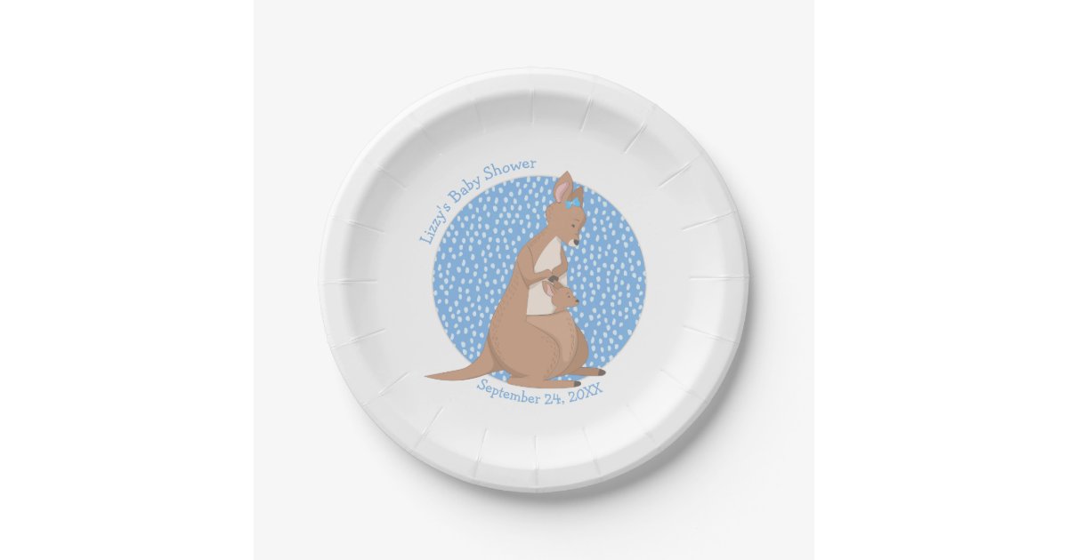 Kangaroo Baby Shower Tan and Blue Pattern Paper Plates | Zazzle