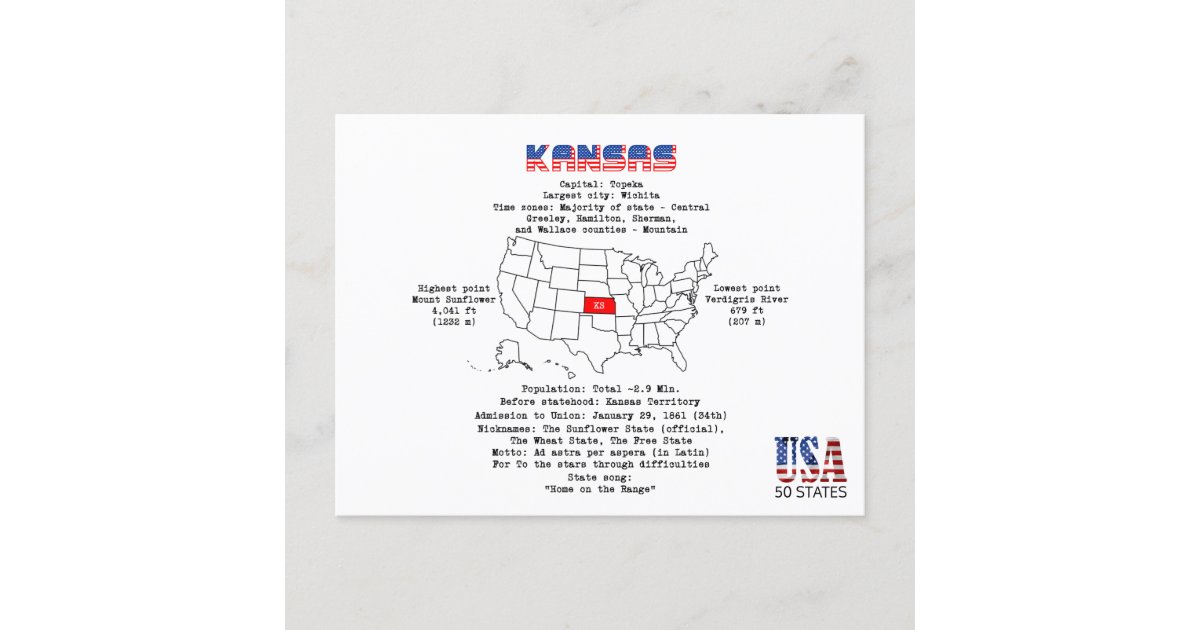 Kansas American state on a map and useful info Holiday Postcard | Zazzle