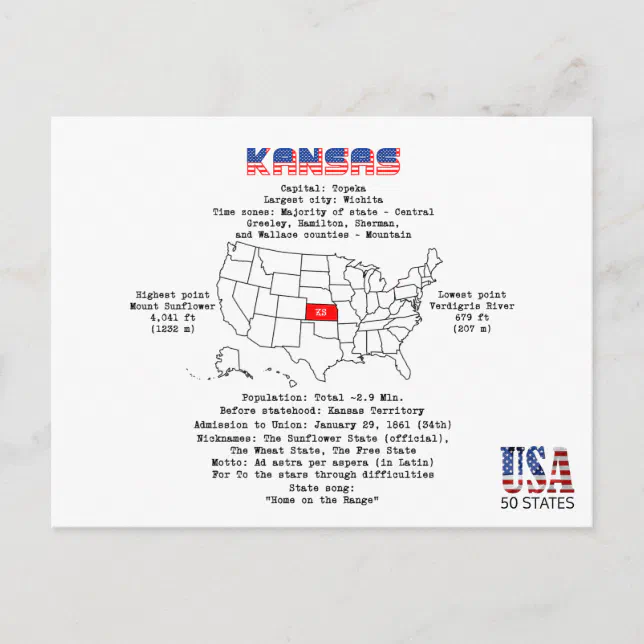 Kansas American state on a map and useful info Holiday Postcard | Zazzle