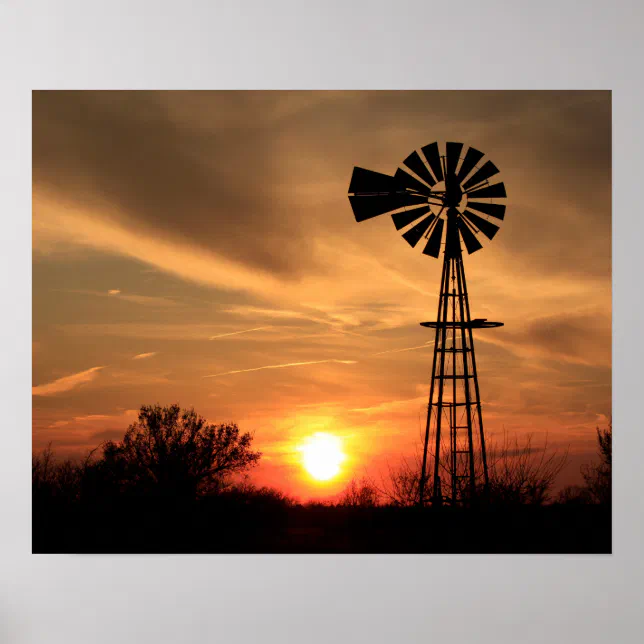 Kansas Golden Sunset with a Windmill silhouette Poster | Zazzle