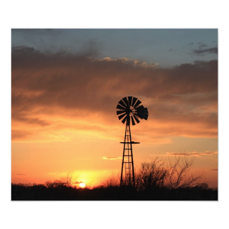 Kansas Sunset with orange sky and Windmill Photo Print | Zazzle
