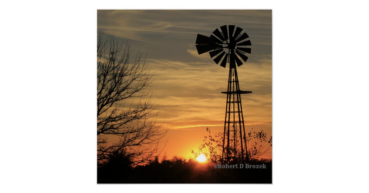 Kansas Windmill Sunset Glossy Poster | Zazzle