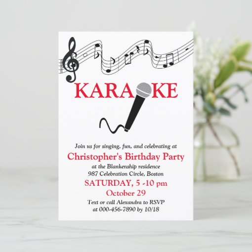 Karaoke Party Musical Scale Microphone Red Invitation | Zazzle