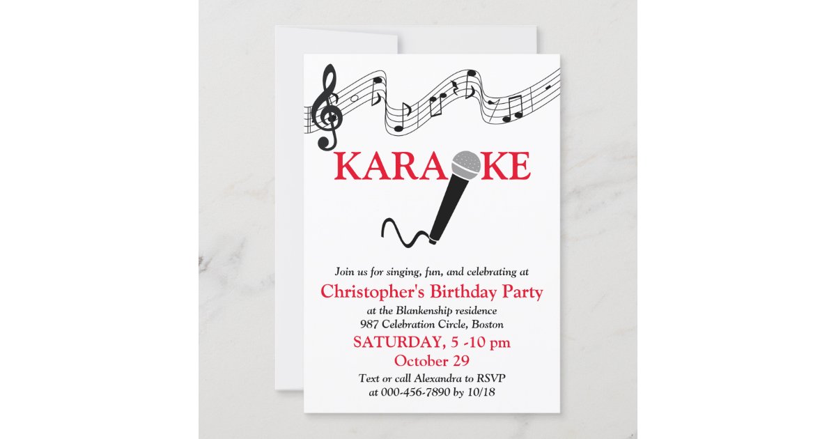 Karaoke Party Musical Scale Microphone Red Invitation | Zazzle