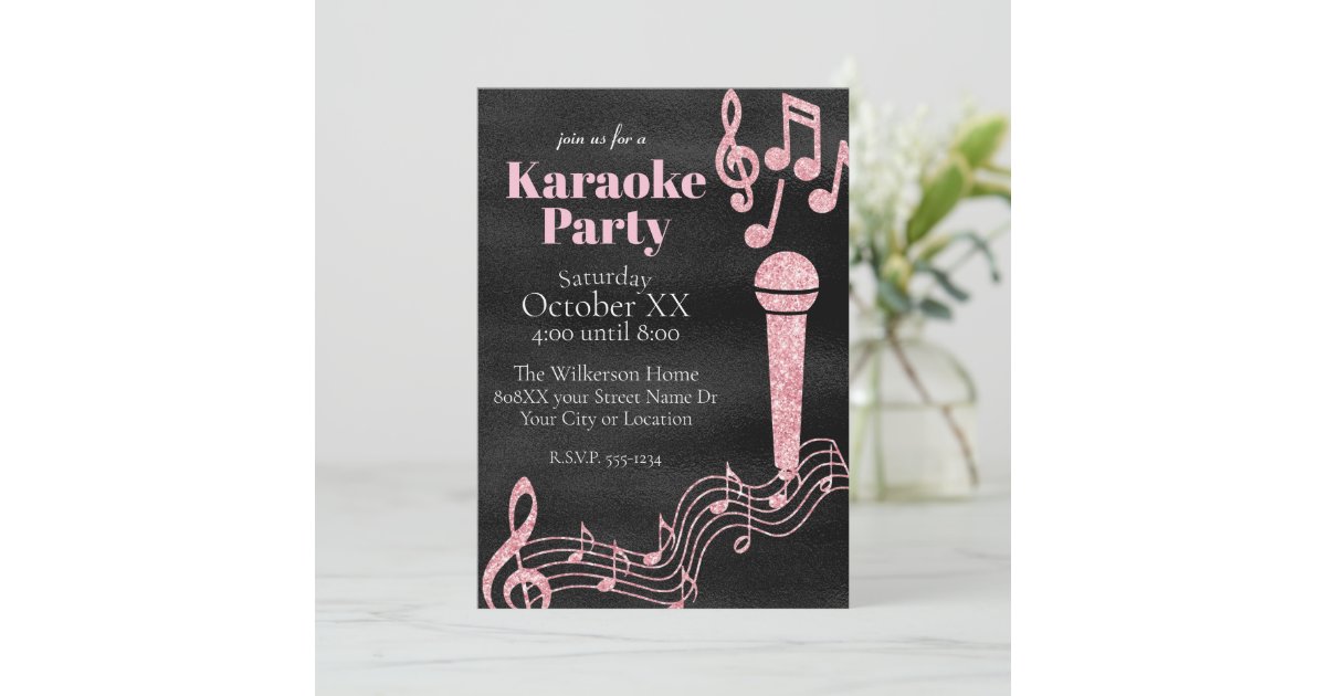 Karaoke Party Pink Glitter Music Notes on Black Invitation | Zazzle