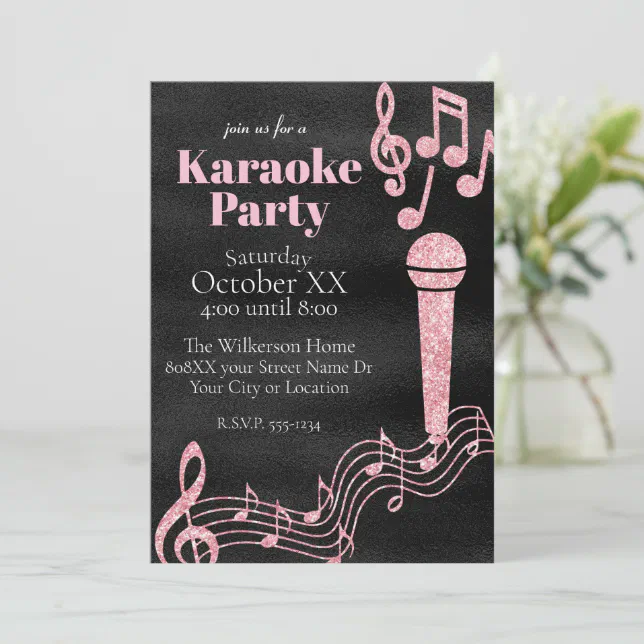 Karaoke Party Pink Glitter Music Notes on Black Invitation | Zazzle