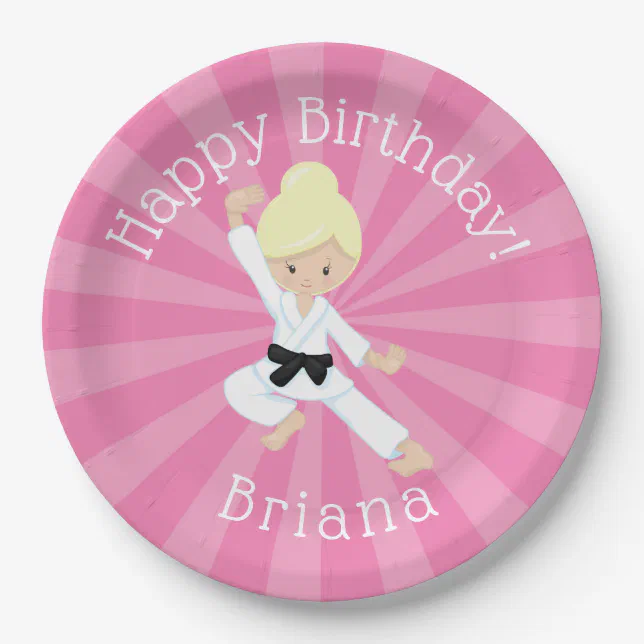 Karate Birthday Party Blonde Hair Girl Pink Paper Plates | Zazzle