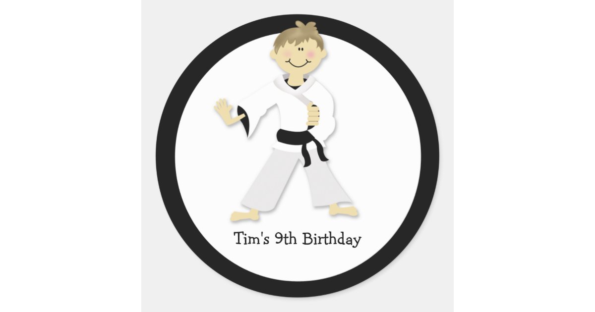KARATE BOY Blackbelt Birthday Party Favor Sticker | Zazzle
