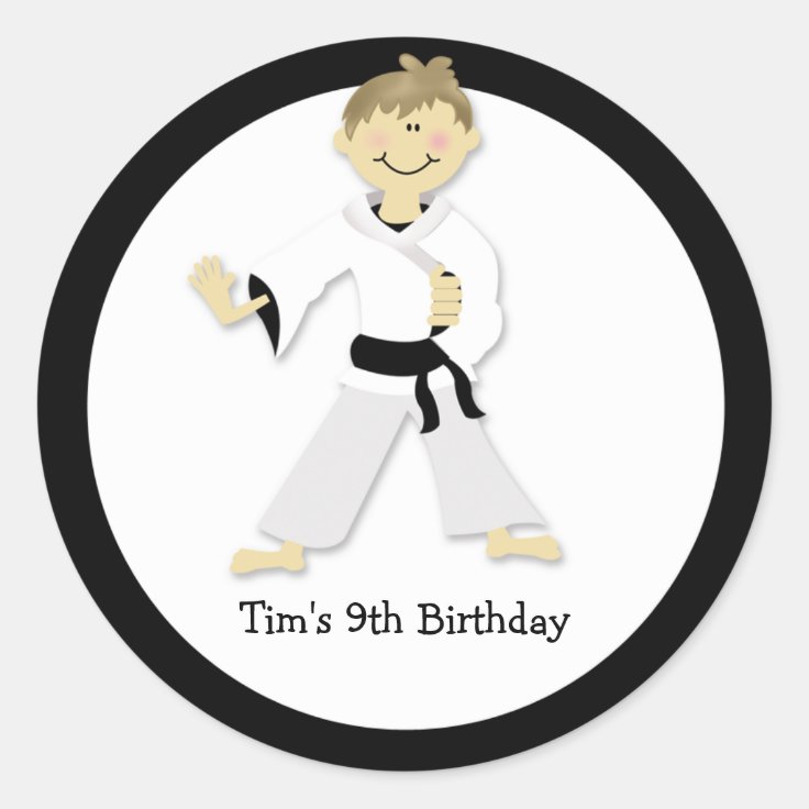 KARATE BOY Blackbelt Birthday Party Favor Sticker | Zazzle