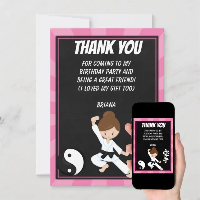 Karate Brown Hair Girl Party Thank You Card | Zazzle