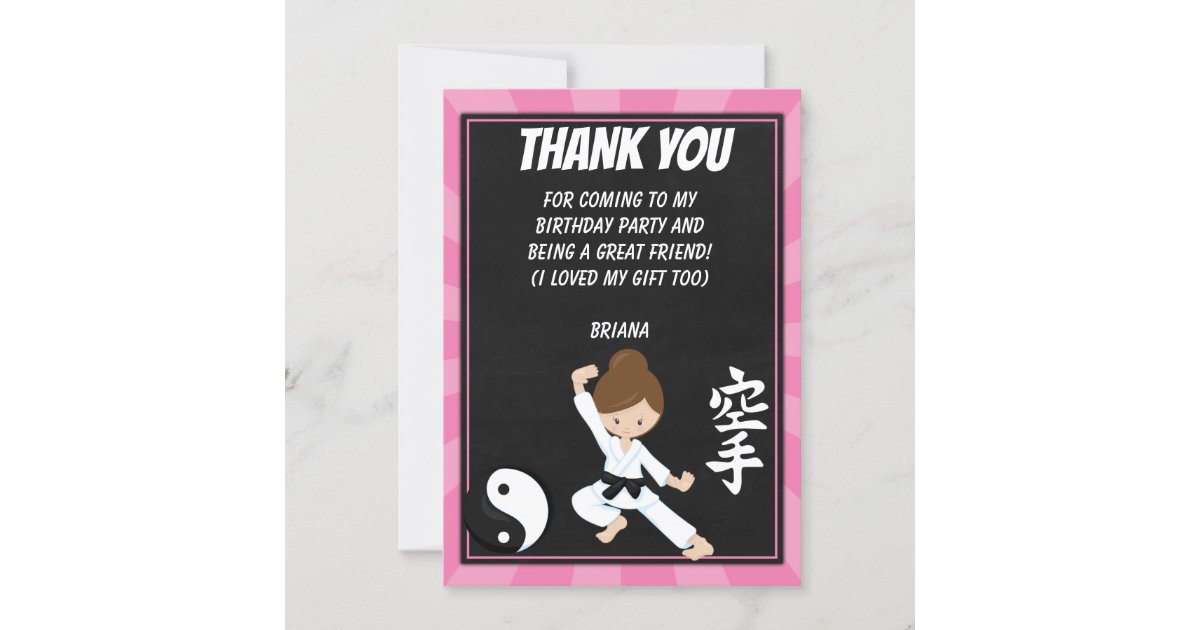 Karate Brown Hair Girl Party Thank You Card | Zazzle