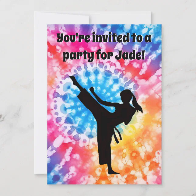 Karate Girl Birthday Party Tie-Dye Rainbow Invitation | Zazzle