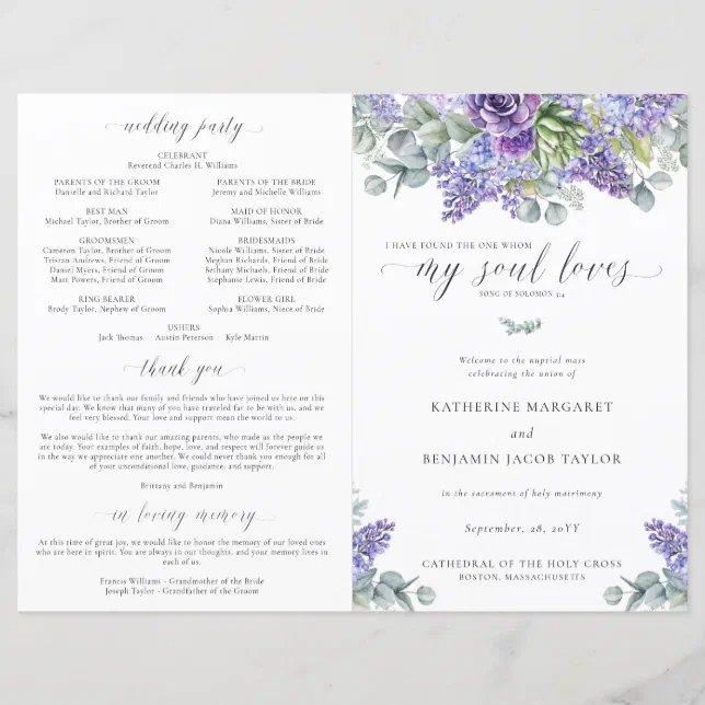 Katherine Purple Catholic Wedding Mass Program | Zazzle