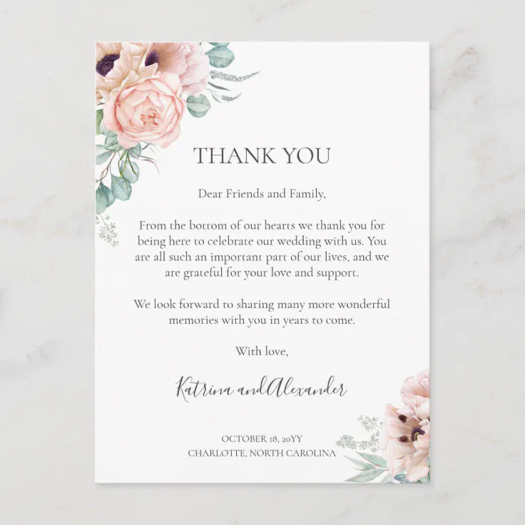 Katrina Pink Floral Wedding Reception Thank You Postcard | Zazzle
