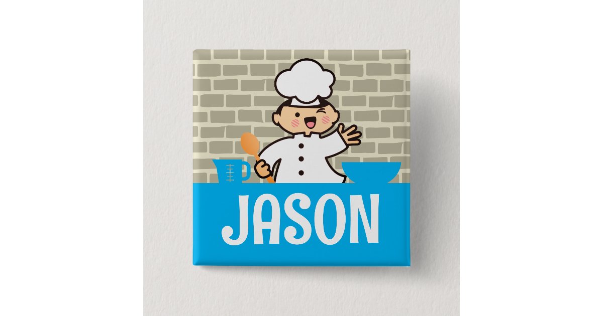 Kawaii boy chef kids cooking name tag badge pinback button | Zazzle