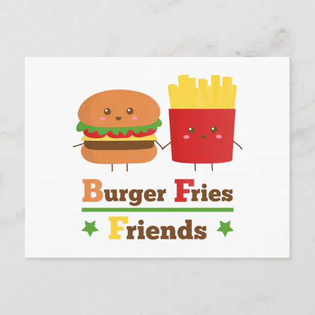 Kawaii Cartoon Burger Fries Friends BFF Postcard | Zazzle