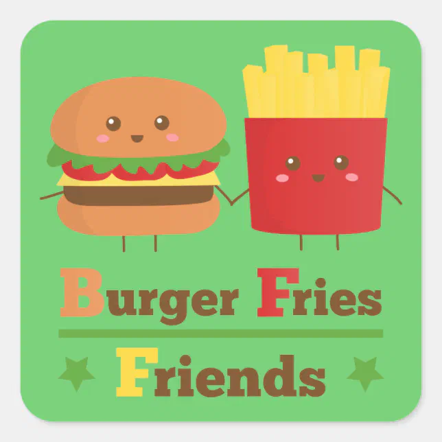 Kawaii Cartoon Burger Fries Friends BFF Square Sticker | Zazzle