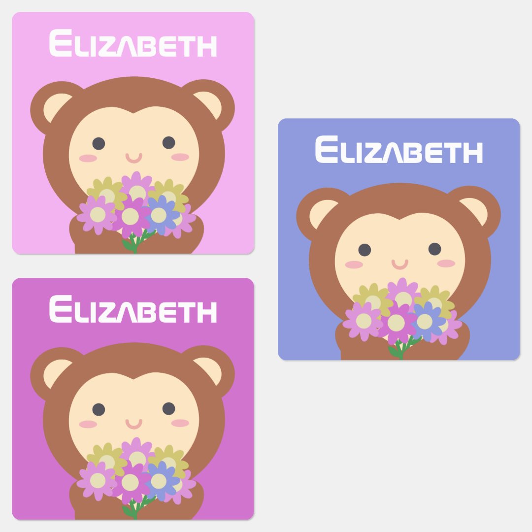 Kawaii Cute Cartoon Monkey Colorful Flowers Kids Labels | Zazzle