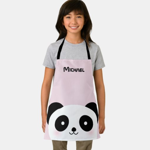 Kawaii Cute Cartoon Panda Bear Custom Name Apron | Zazzle
