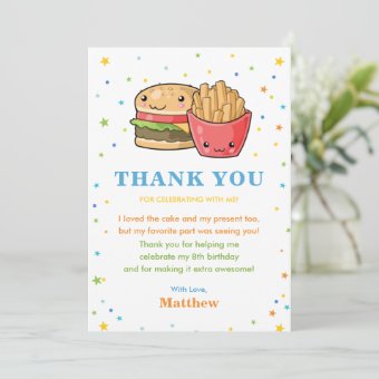 Kawaii Cute Fast Food Burger Party Boy Birthday Thank You Card | Zazzle