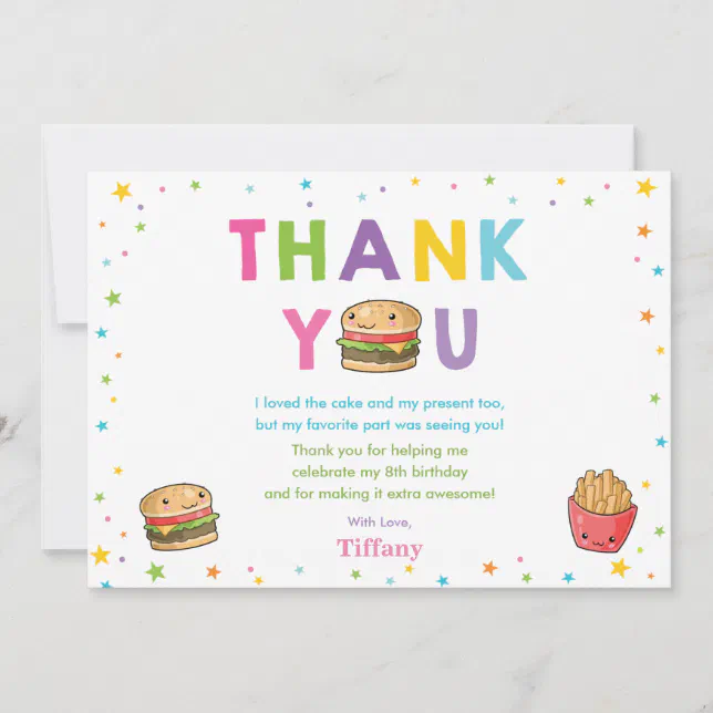 Kawaii Cute Fast Food Burger Party Girl Birthday Thank You Card | Zazzle