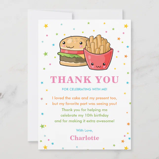 Kawaii Cute Fast Food Burger Party Girl Birthday Thank You Card | Zazzle
