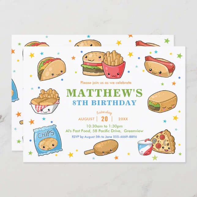 Kawaii Cute Fast Food Party Boy Birthday Invitation | Zazzle