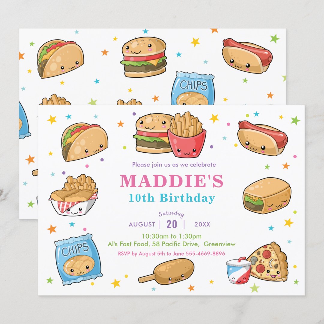 Kawaii Cute Fast Food Party Girl Birthday Invitation | Zazzle
