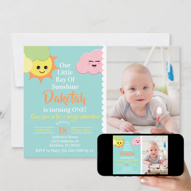 Kawaii Cute Ray of Sunshine Birthday Photo Invitation | Zazzle