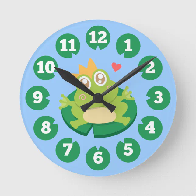 Kawaii frog with sparkling eyes on a lily pad round clock | Zazzle