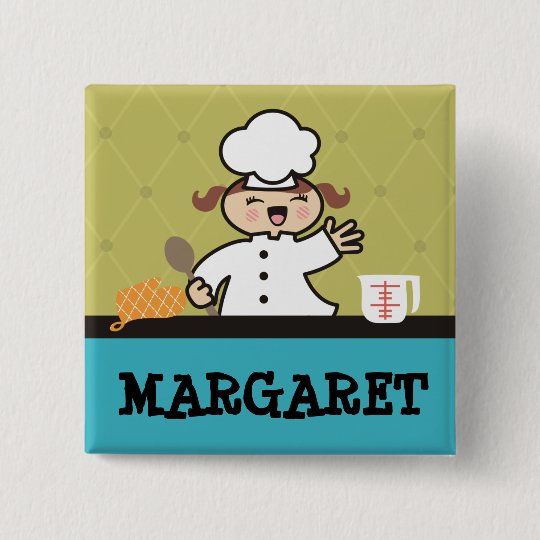 Kawaii girl chef kids cooking name tag badge pinback button | Zazzle.com