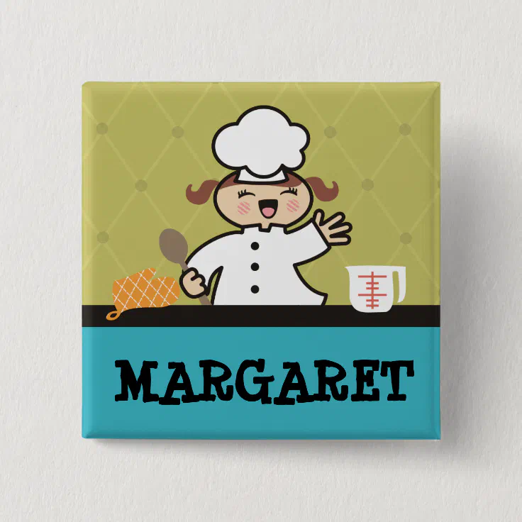 Kawaii girl chef kids cooking name tag badge pinback button | Zazzle