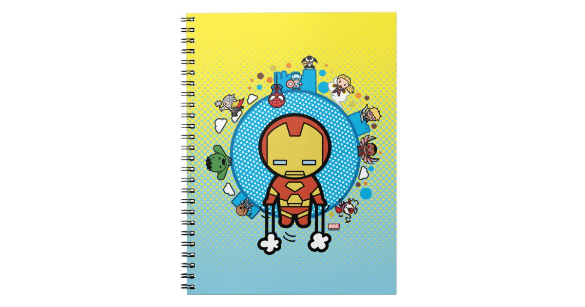 Kawaii Iron Man With Marvel Heroes on Globe Notebook | Zazzle