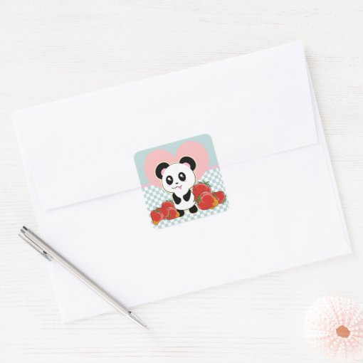 Kawaii Panda strawberries cute Square Sticker | Zazzle