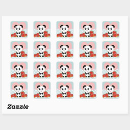 Kawaii Panda strawberries cute Square Sticker | Zazzle