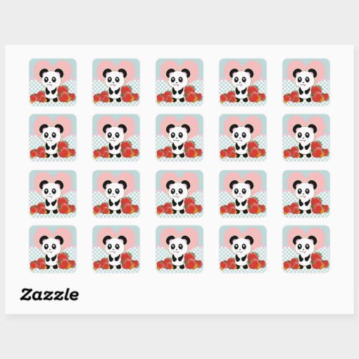 Kawaii Panda strawberries cute Square Sticker | Zazzle
