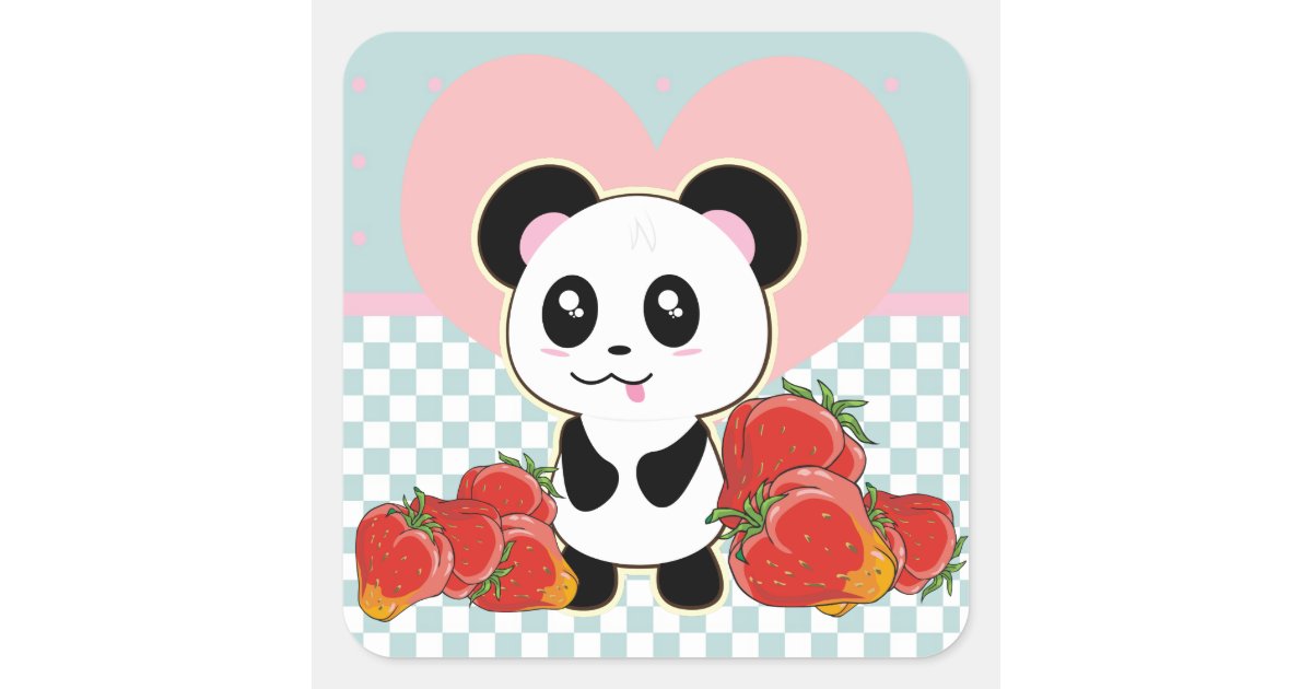 Kawaii Panda strawberries cute Square Sticker | Zazzle