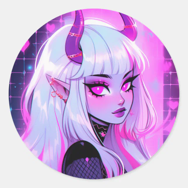 Kawaii Pink Demon Girl Classic Round Sticker | Zazzle