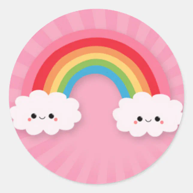 Kawaii Rainbow and Clouds on Pink Starburst Classic Round Sticker | Zazzle