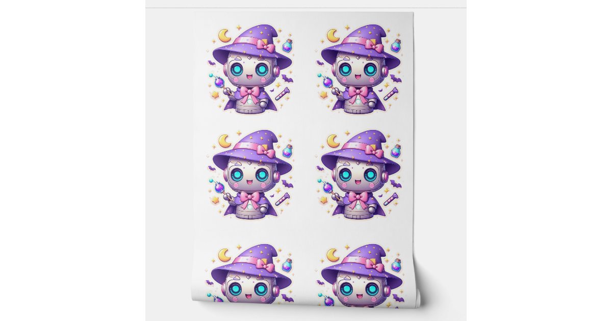 Kawaii Robot Witch Cute Magical Tech-Inspired Wallpaper | Zazzle