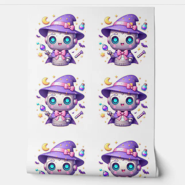 Kawaii Robot Witch Cute Magical Tech-Inspired Wallpaper | Zazzle