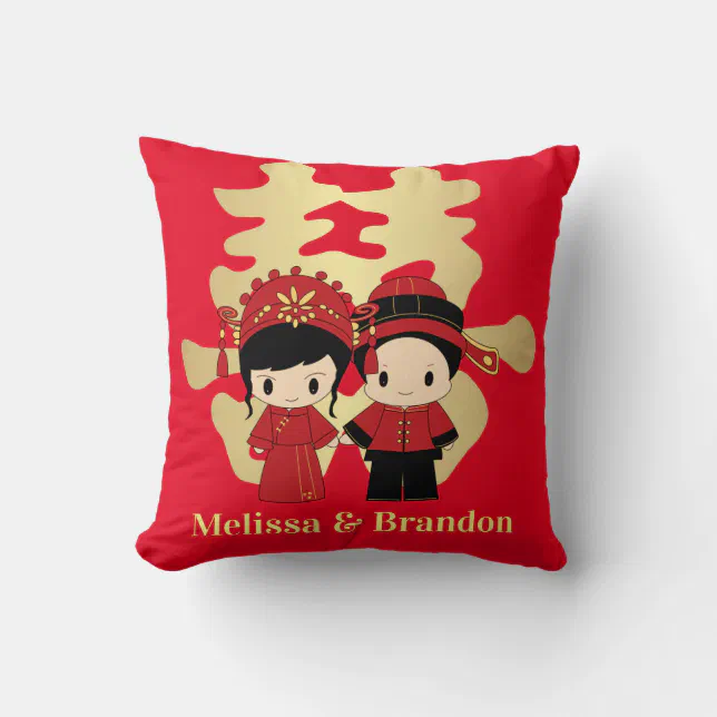 Kawaii Traditional Chinese Wedding Couple Throw Pillow | Zazzle