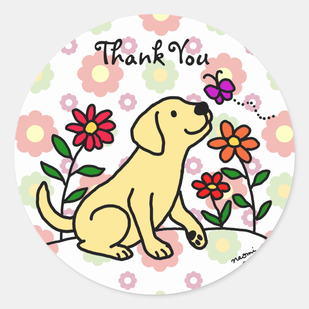 Kawaii Yellow Labrador Cartoon Floral Classic Round Sticker | Zazzle