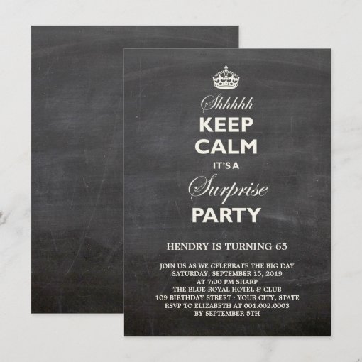 Keep Calm Funny Chalkboard Surprise Birthday Party Invitation | Zazzle