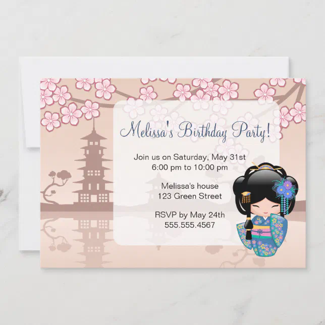 Keiko Kokeshi Doll - Blue Kimono Birthday Party Invitation | Zazzle