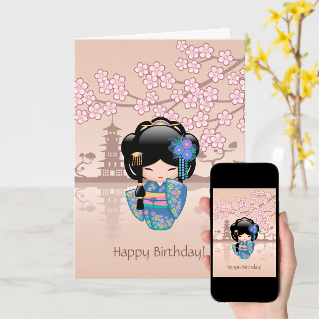 Keiko Kokeshi Doll - Blue Kimono Geisha Birthday Card | Zazzle
